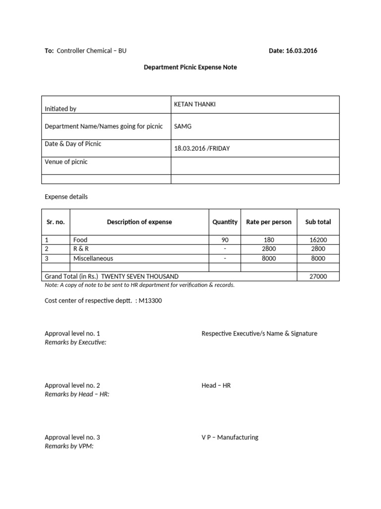 Budget Approval Note - Department Picnic | PDF