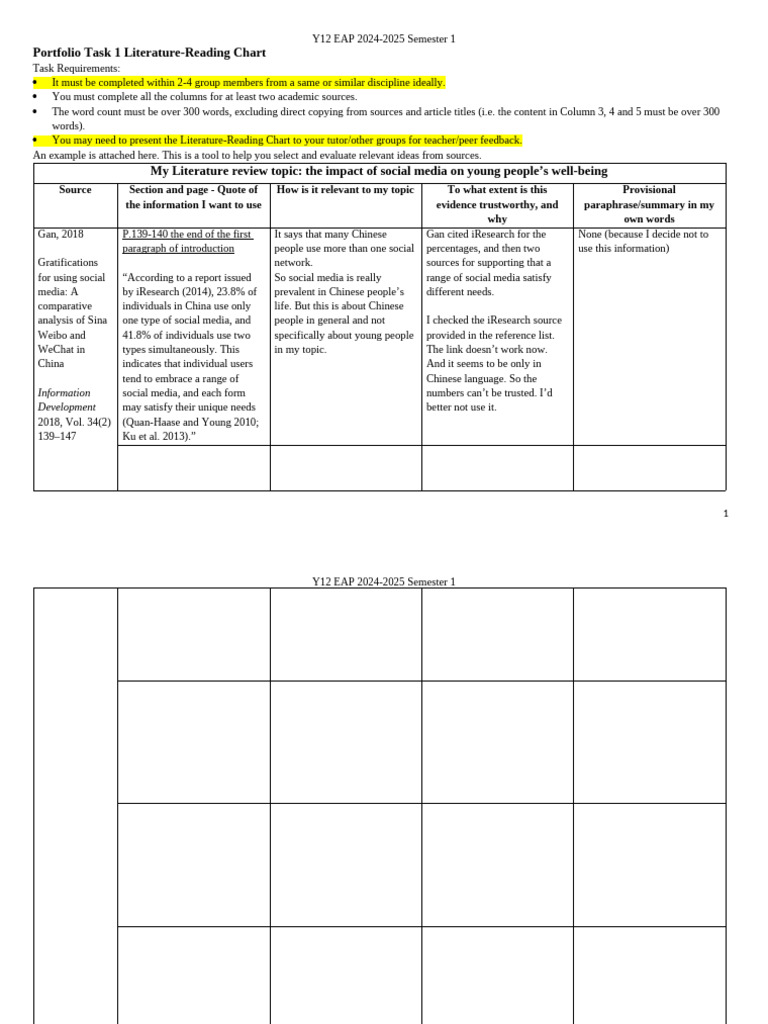 PT1 Literature Reading Chart - Task Sheet and Example | PDF
