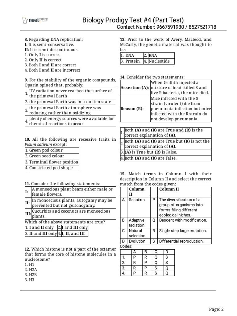 Biology Prodigy Test #4 (Part Test) | PDF