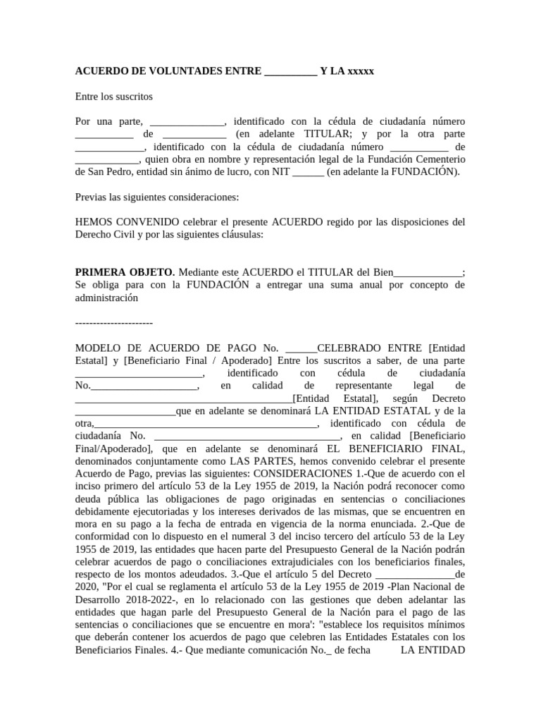 Acuerdo de Voluntades y de Pago | PDF