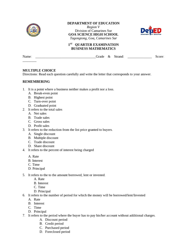 Business math exam | PDF