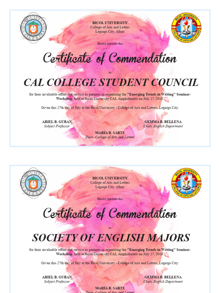Certificate of Commendation (CSC & SEM) | PDF