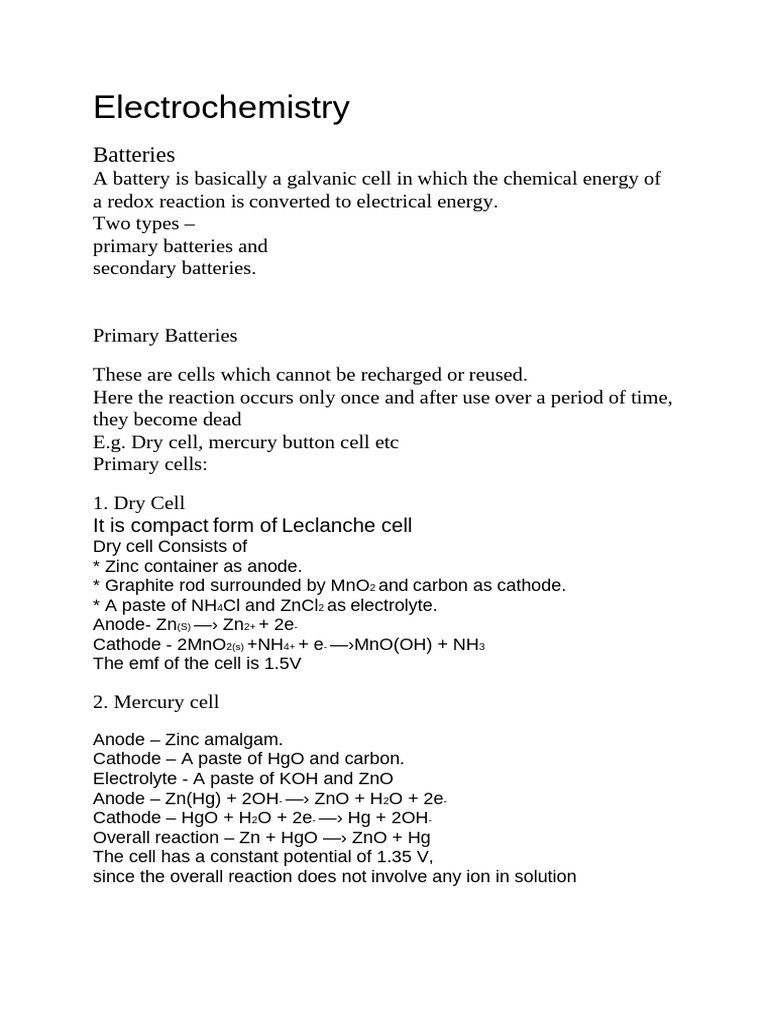 Electrochemistry Batteries Notes | PDF