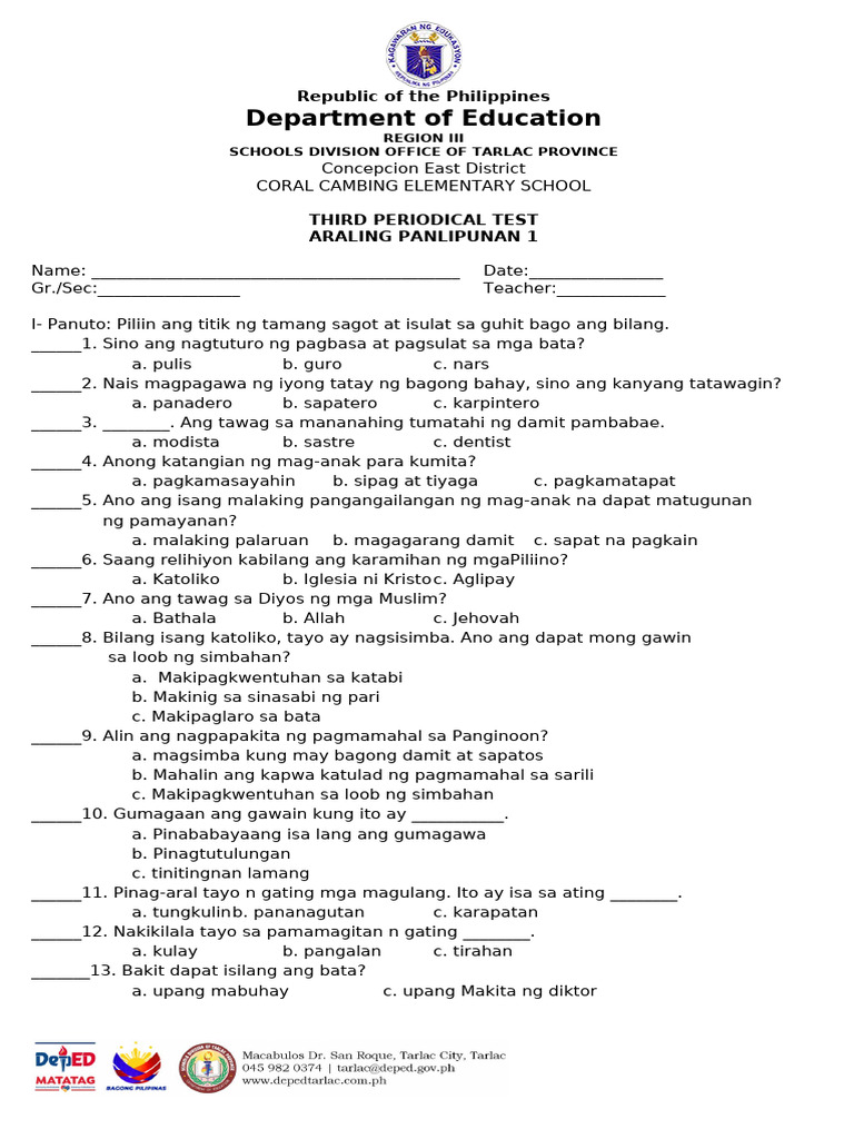 Grade 1 3rd Quarter Periodical Test | PDF