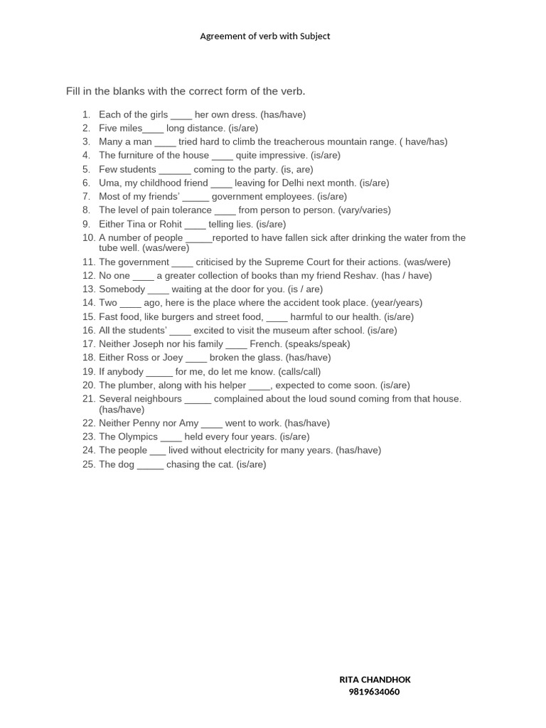 STD 8 Agreement of Verb With Subject | PDF