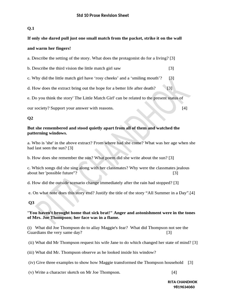 Std 10 Prose Revision Sheet | PDF
