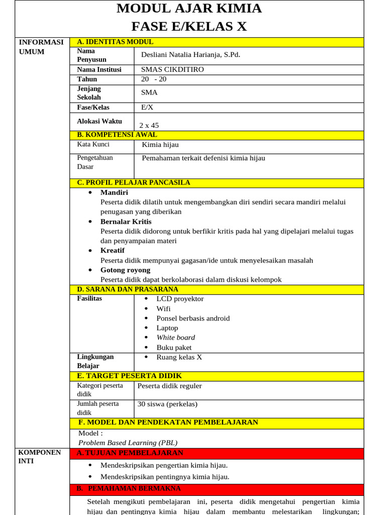 Modul Ajar Kimia Pert 1 | PDF