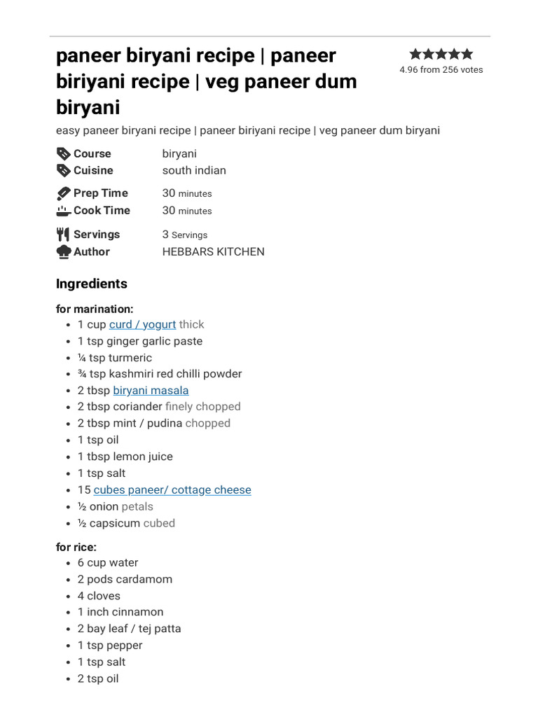 Paneer Biryani Recipe - Paneer Biriyani Recipe - Veg Paneer Dum Biryani - Hebbar's Kitchen | PDF