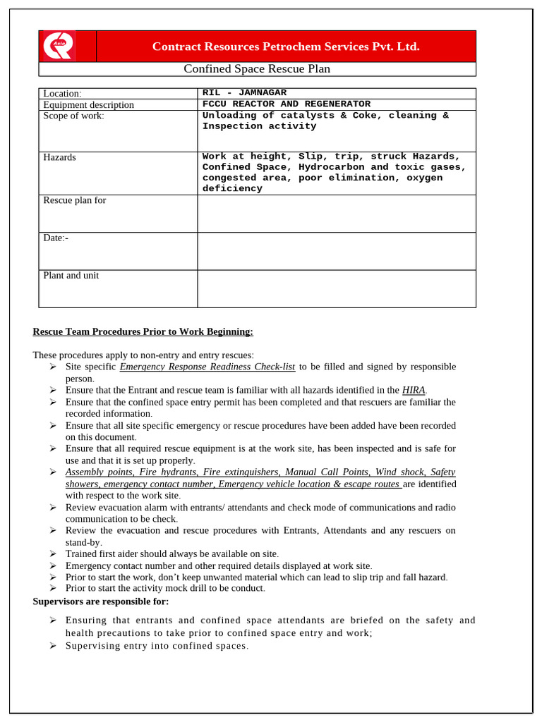 RESCUE PLAN - FCCU Reactor and Regenerator | PDF | Occupational Safety ...