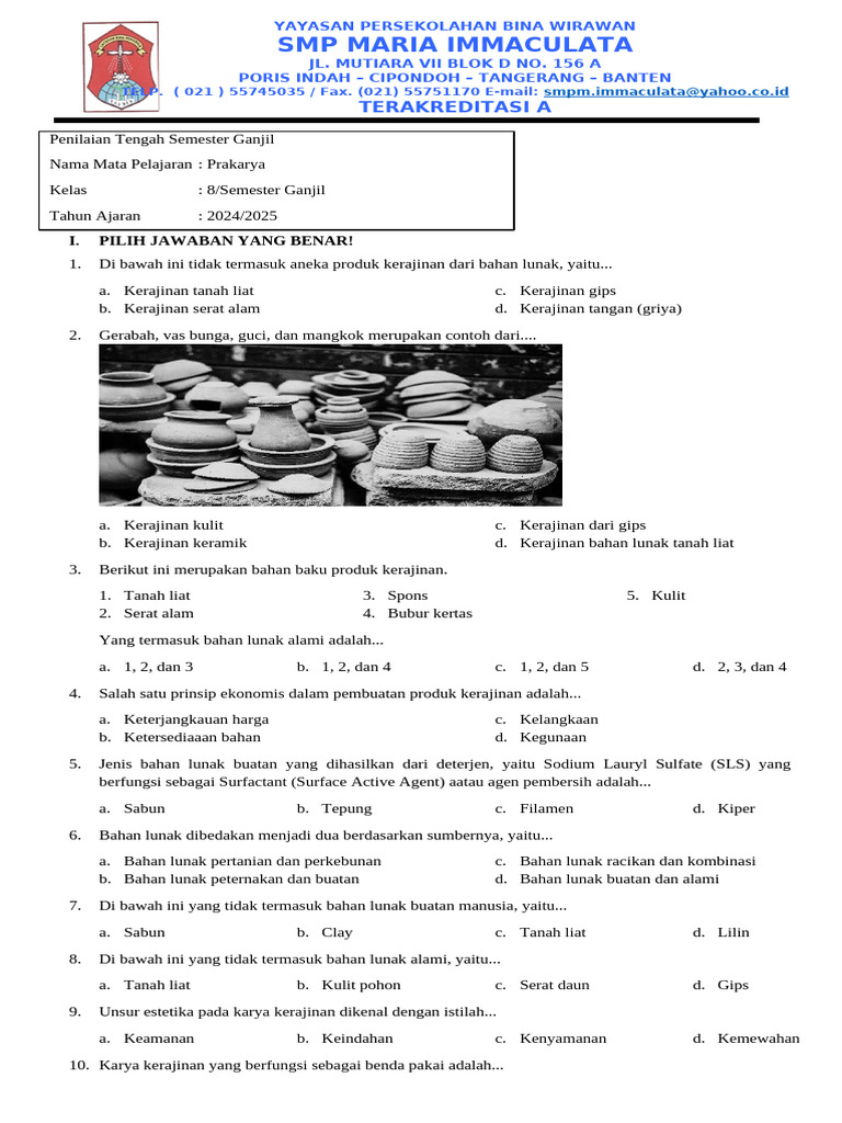 Soal Prakarya Kelas 8 PTS GANJIL 2024 | PDF