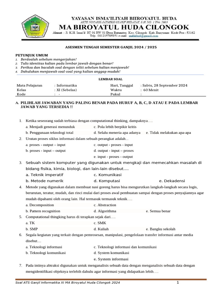 Soal ATS Informatika Kelas 11 | PDF