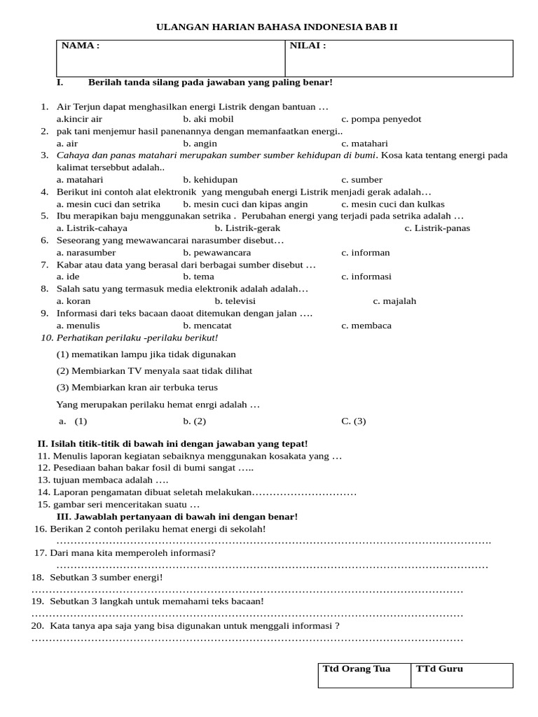 Ulangan Harian Bahasa Indonesia Bab Ii | PDF