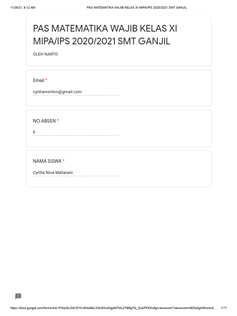 Pas Matematika Wajib Kelas Xi Mipa - Ips 2020 - 2021 SMT Ganjil | PDF