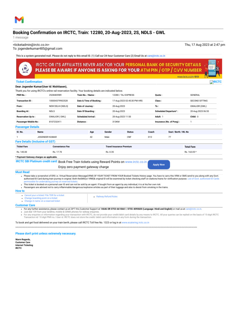 Gmail - Booking Confirmation On IRCTC, Train - 12280, 20-Aug-2023, 2S ...