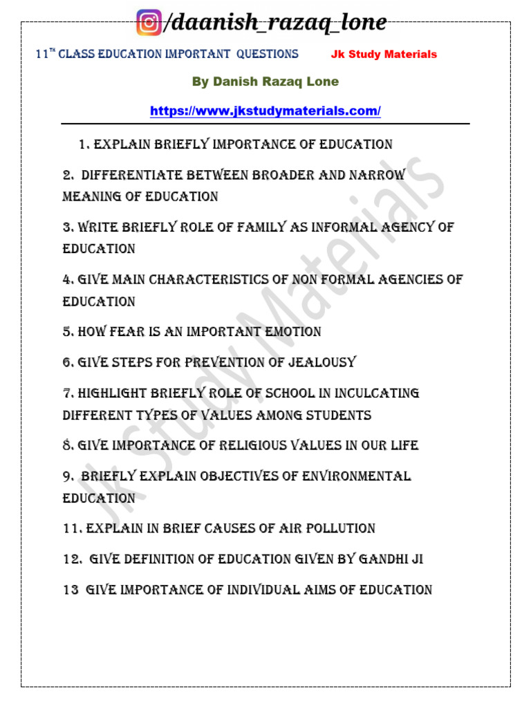 11th Class Education Important Questions Jk Study Materials (1) | PDF