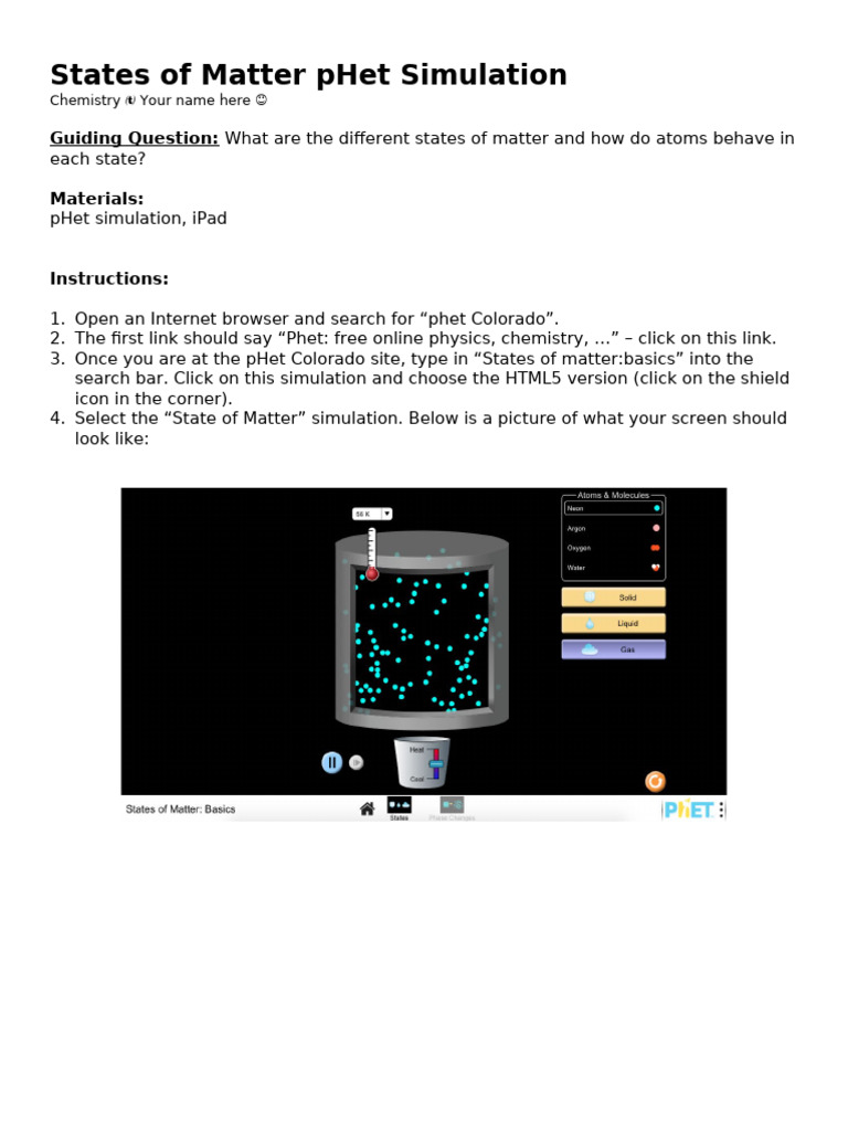 States of Matter Phet Simulation: Guiding Question | PDF