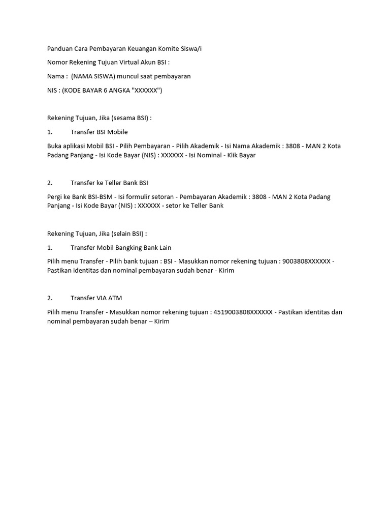 Panduan Cara Pembayaran Keuangan Komite Siswa | PDF