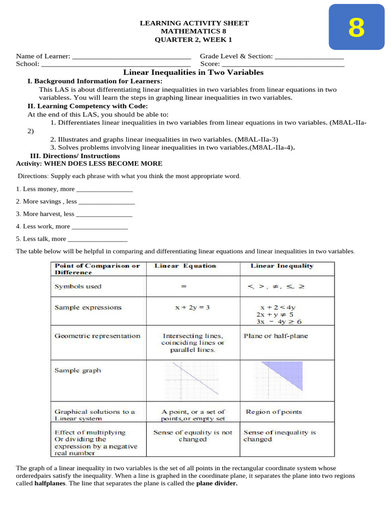 Mathematics 8 LAS Q2 WEEK 1 | PDF | Variable (Mathematics) | Teaching Methods & Materials