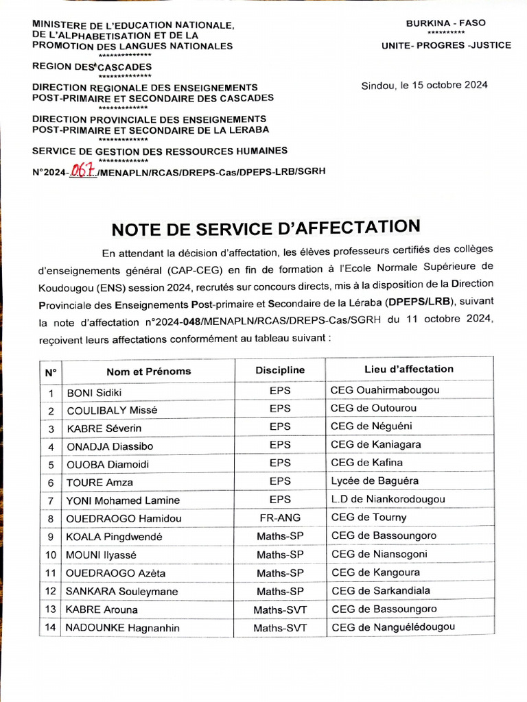 Note D'affectation CAP - CEG | PDF