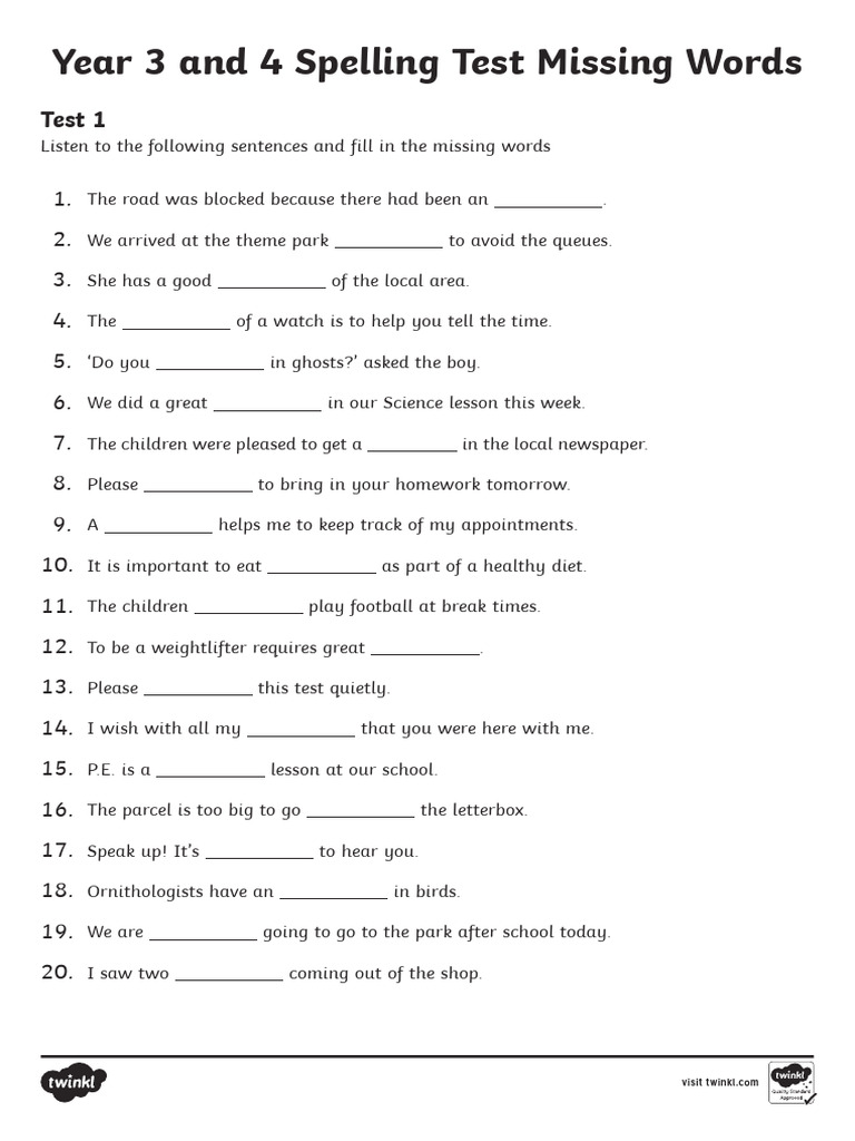 Year 3 and 4 Spelling Test Missing Words Activity Pack | PDF