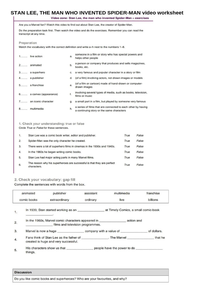 STAN LEE, THE MAN WHO INVENTED SPIDER-MAN video worksheet | PDF