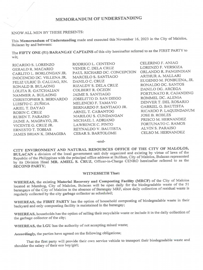 MOU 51 Brgys For Using MRCF Mambog | PDF
