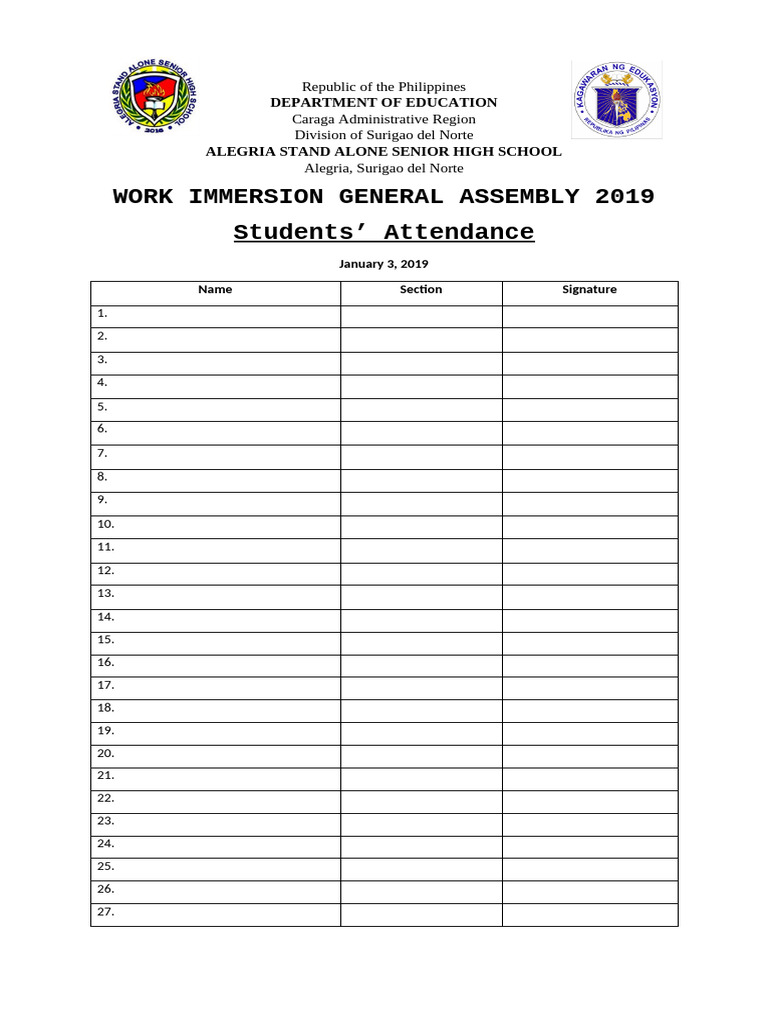 Attendance Sheet - Immersion | PDF | Social Science