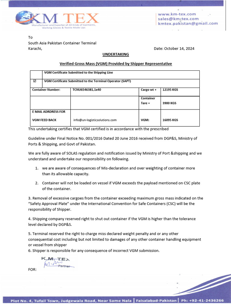 VGM Undertaking | PDF | Business