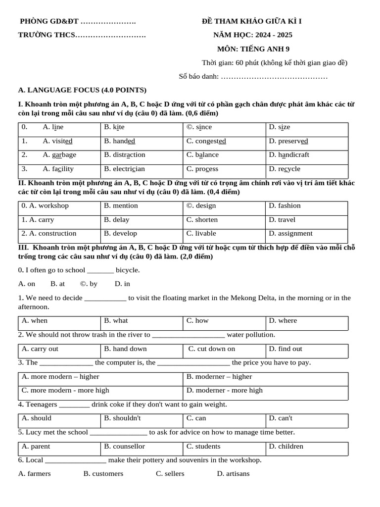 01. ĐỀ KT GIỮA KÌ 1 - 9GS (2024) KÈM KEY | PDF