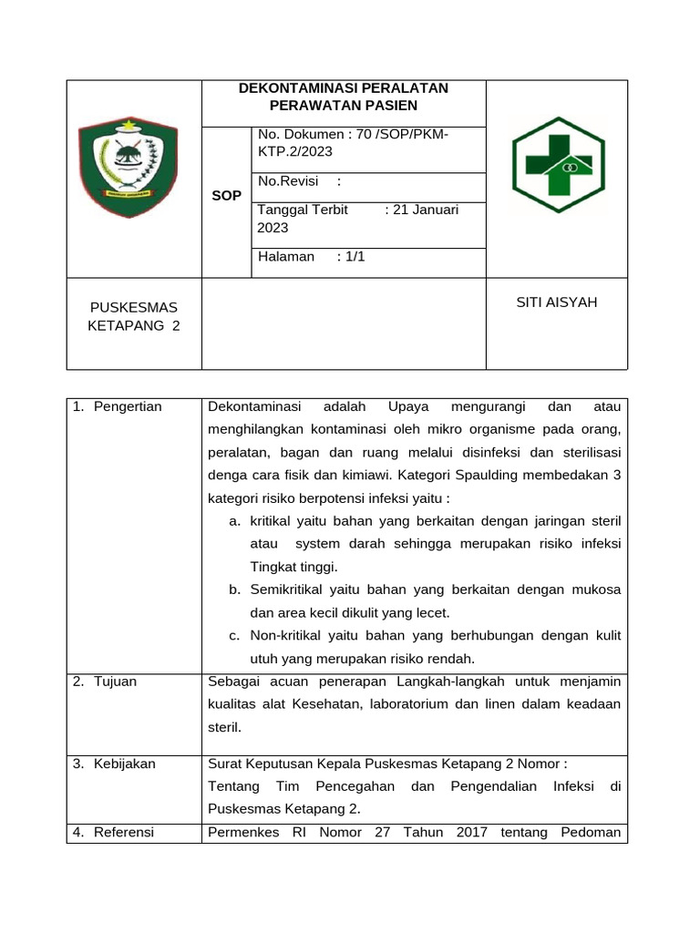 Sop Dekontaminasi Peralatan Perawatan Pasien 2023 & 2024 | PDF