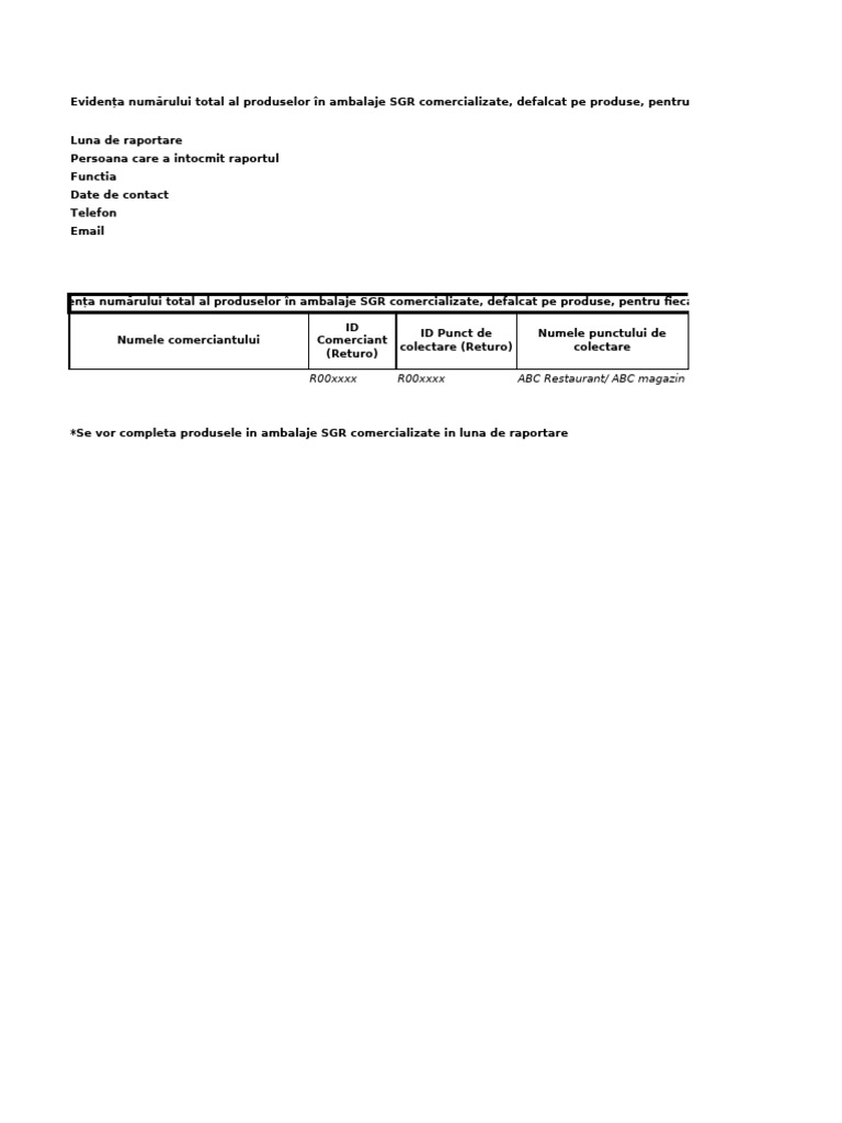 Sablon Evidenta Produse Comercializate - XLSX - 0 | PDF