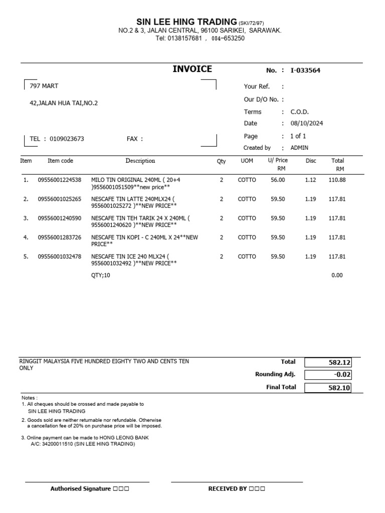 Invoice: Sin Lee Hing Trading | PDF