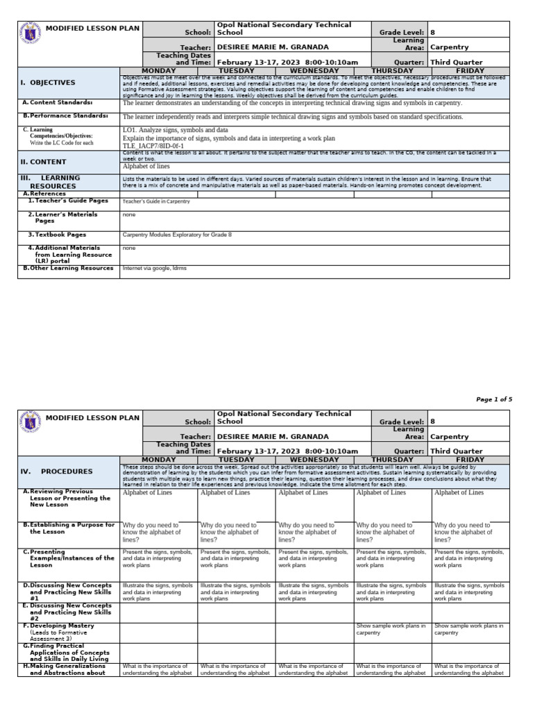 DLL Carpentry Grade 8 Week 1 3RD QTR | PDF
