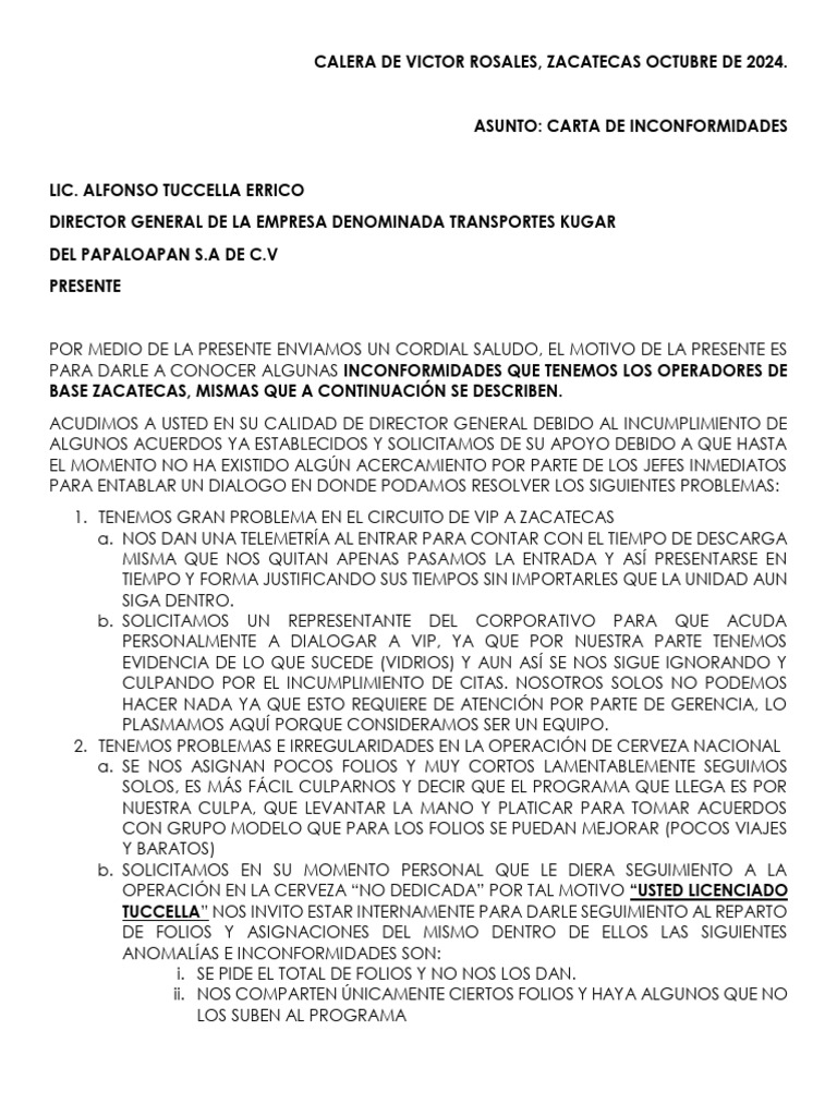 Oficio de Operadores Base Zacatecas - Tuccella | PDF