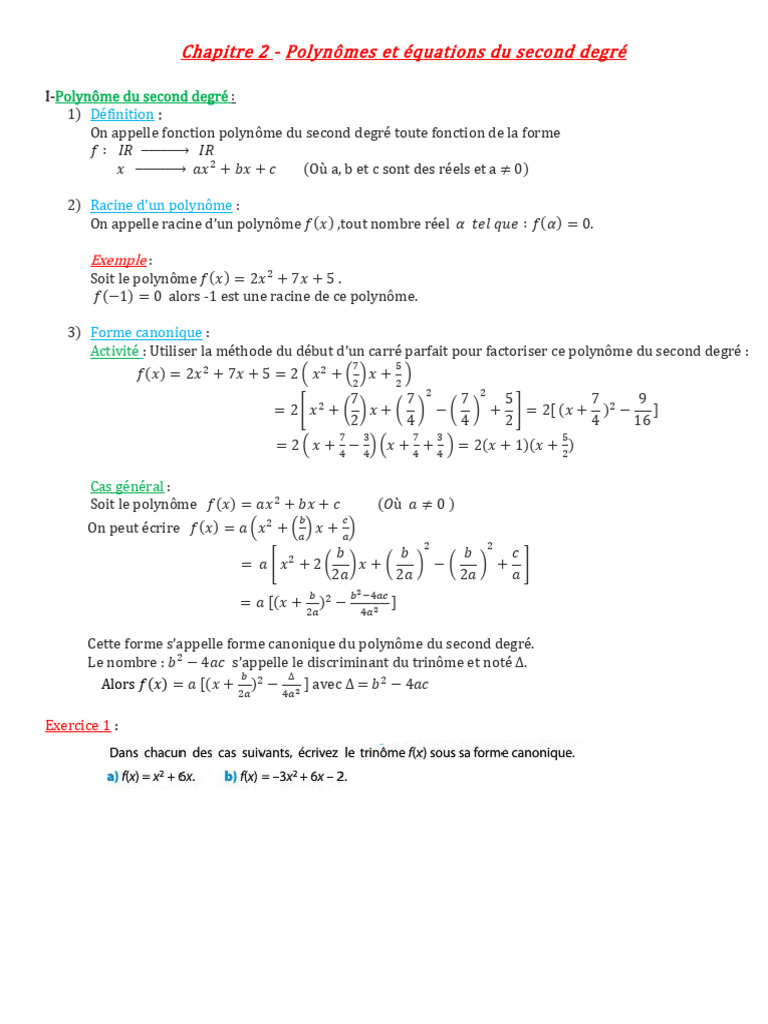 Document 1-Chap 2-Polynômes Et Équations Du Second Degré | PDF