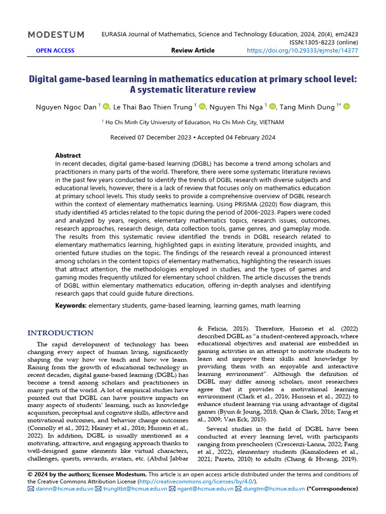 Digital Game Based Learning in Mathematics Education at Primary School Level A Systematic ...