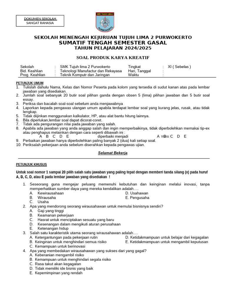 SOAL XI PKK Naskah Soal UAS Gasal Bu Eti Edit | PDF | Business