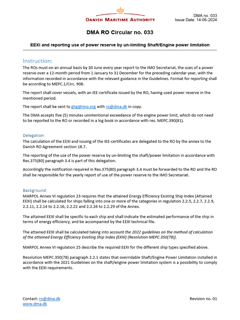 DMA 033 EEXI and Reporting Use of Power Rserve by Un-Limiting Shaft ...