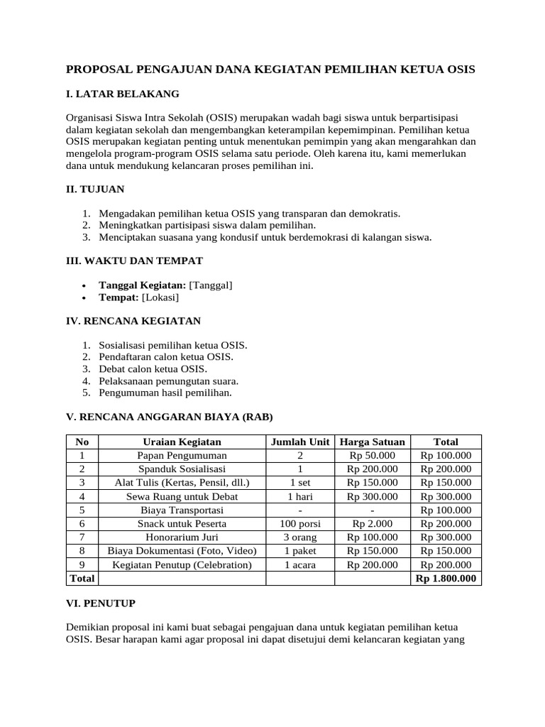 PROPOSAL PENGAJUAN DANA KEGIATAN PEMILIHAN KETUA OSIS | PDF