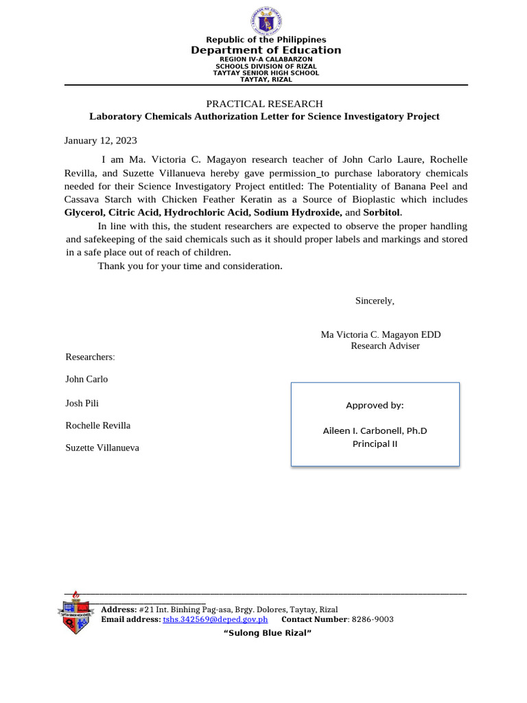 Laboratory Chemicals Authorization Letter For Science Investigatory ...
