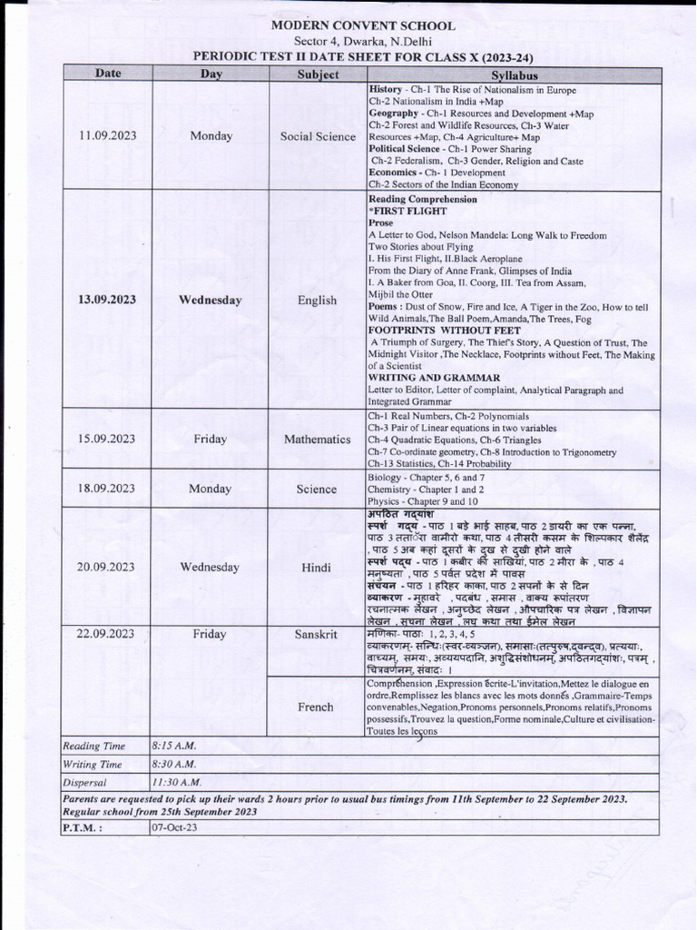 Periodic Test II Date Sheet For Class X (2023-24) | PDF