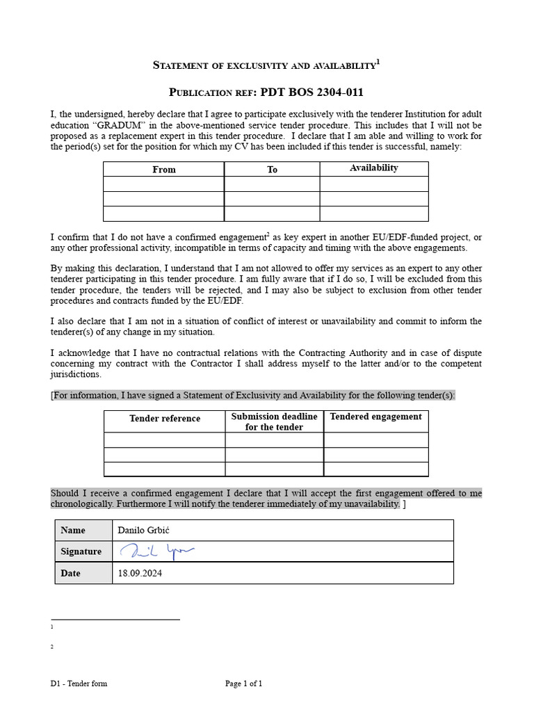 Statement of Exclusivity and Availability - Danilo Grbic - Signed | PDF