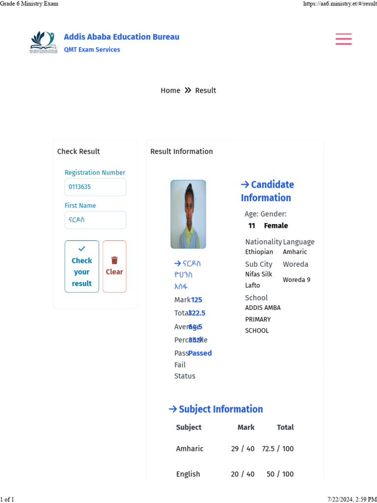 Nardos Result Grade 6 Ministry Exam | PDF
