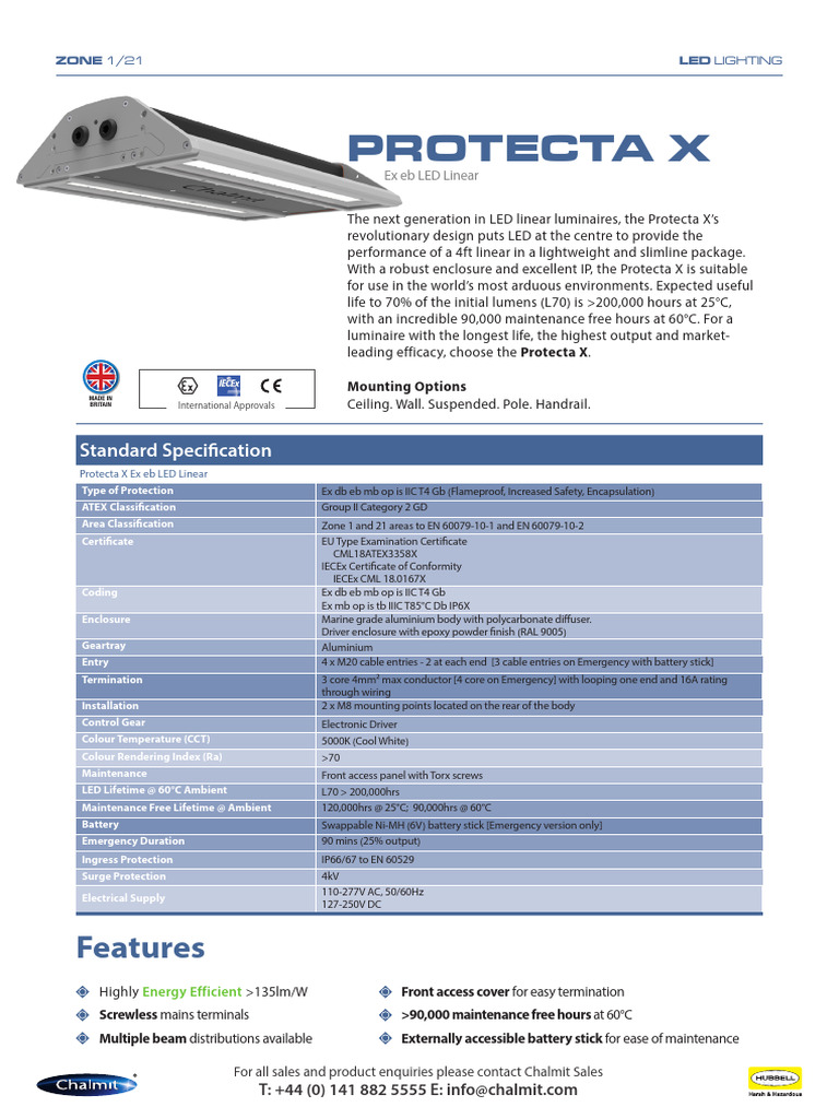 Product Datasheet Chalmit Protecta X Ex Eb LED Linear | PDF