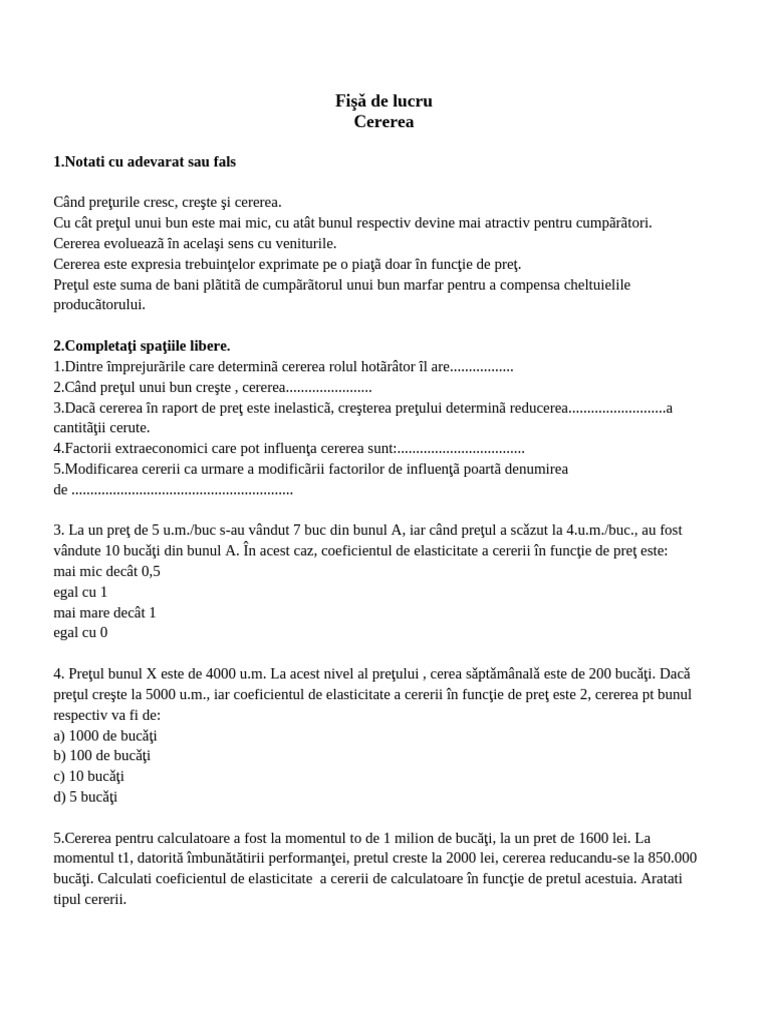 Cererea - Fisa de Lucru | PDF