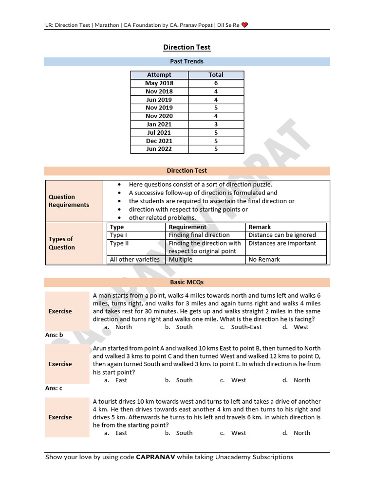 Direction Test for CA Foundation Exam | PDF