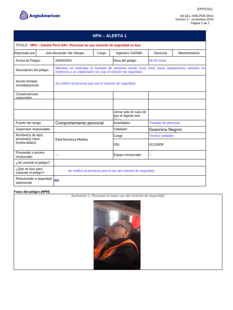 1. Alerta 1 - HPH - ZAMINE - Cinturón de seguridad | PDF