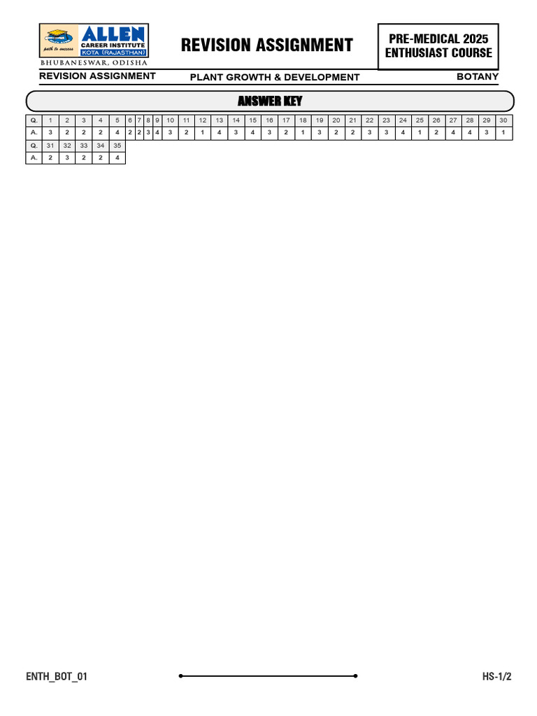 BOT REV ASSIGN#03 Plant Growth and Development 14-10-2024 Key | PDF