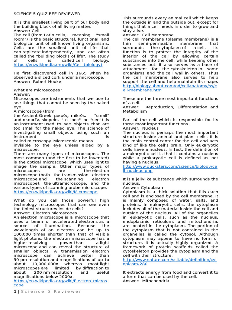 Science 5 Quiz Bee Reviewer - Compress | PDF