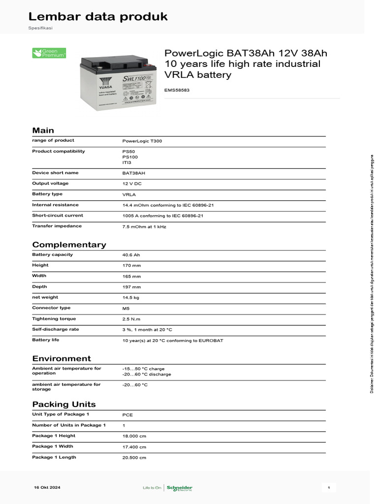 PowerLogic T300 VRLA Battery Specs | PDF | Electrical Engineering ...